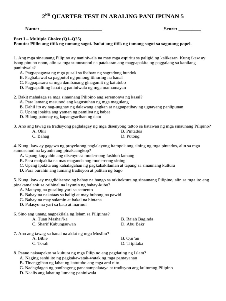 DTC - PT - q2 AP 5 Matatag With Tos Key | PDF