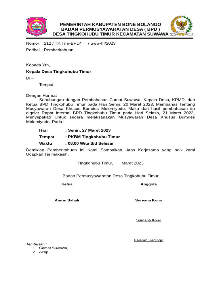 Surat Pemberitahuan BPD | PDF