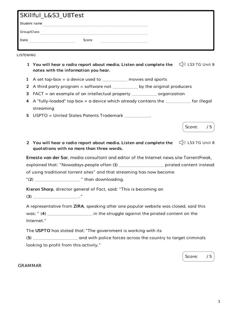 SKillful L&S3 U8Test (4 Pages) | PDF
