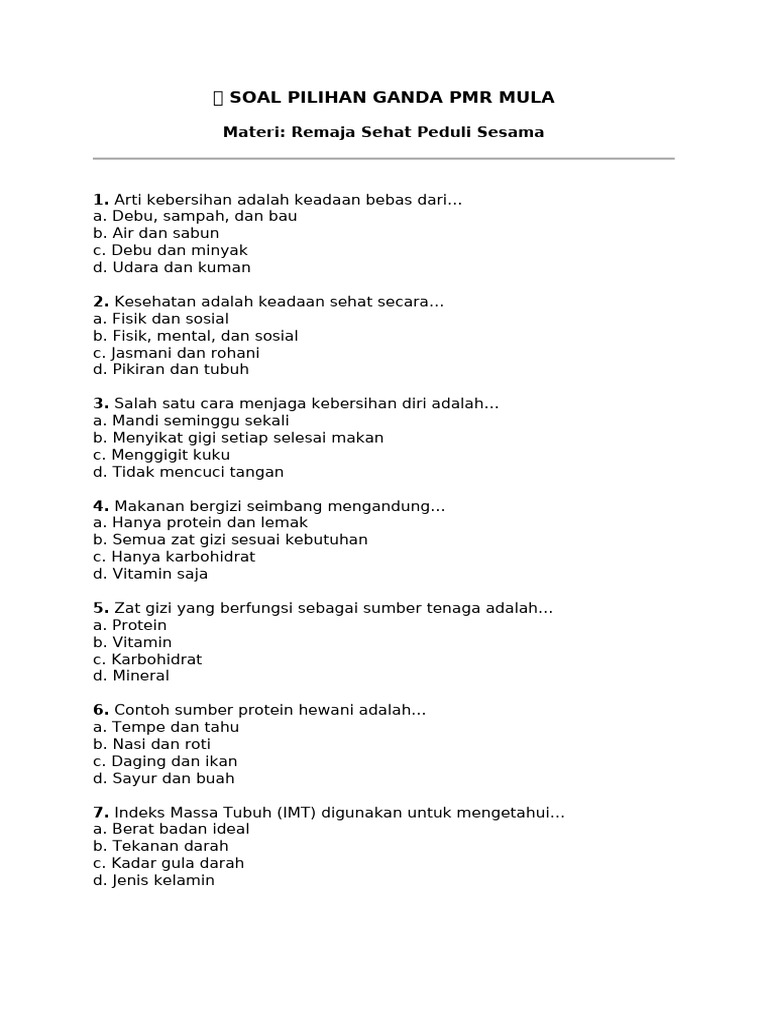 ? Soal Pilihan Ganda PMR Mula | PDF