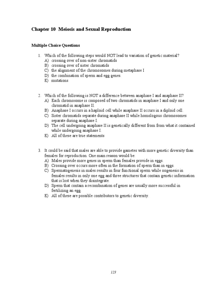 Chapter 10 Meiosis and Sexual Reproduction: Multiple Choice Questions ...
