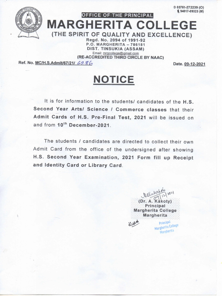 Notice For Issuing Admit Card of H9007 | PDF