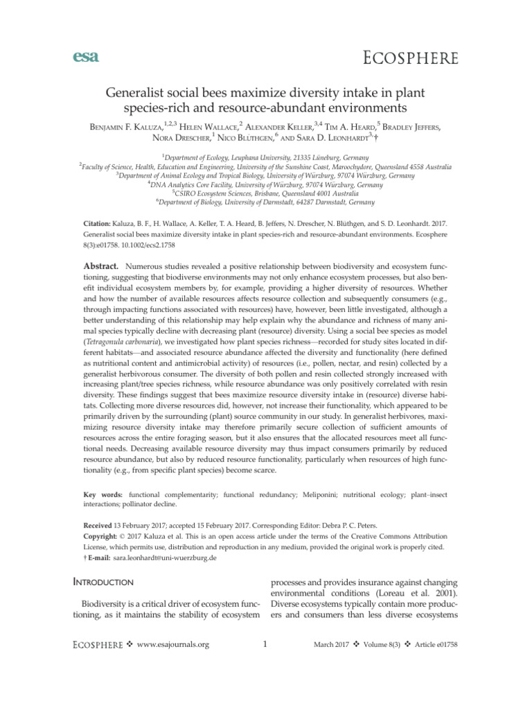 Ecosphere - 2017 - Kaluza - Generalist Social Bees Maximize Diversity ...