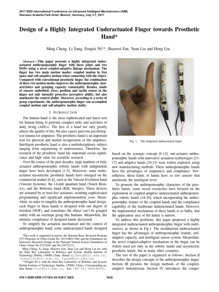 Designofa Highly Integrated Underactuated Fingertowards Prosthetic Hand ...
