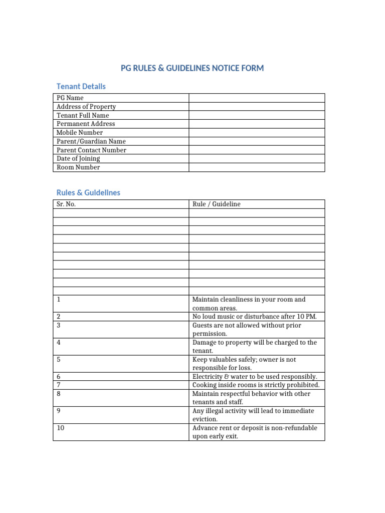 PG Rules and Guidelines Form | PDF