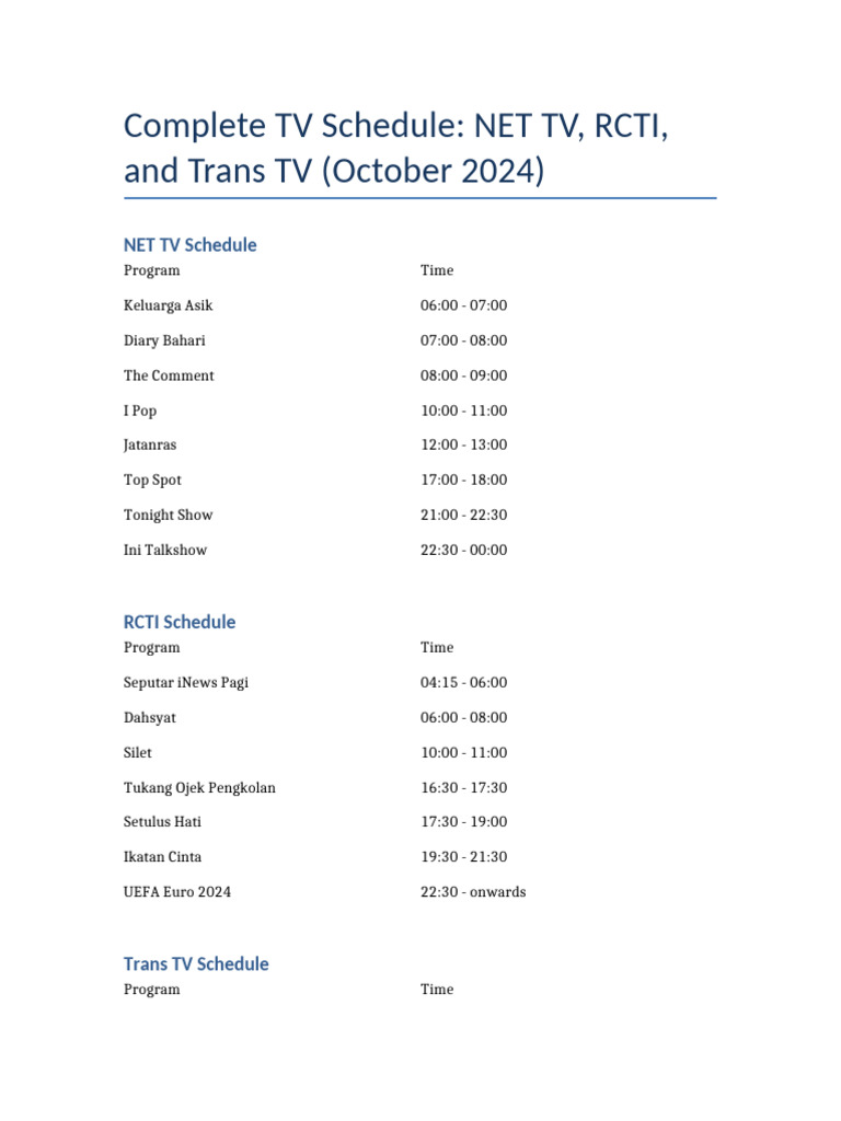 Updated TV Schedule NET RCTI TransTV Oct 2024 | PDF