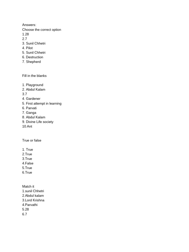 Answers for Worksheet | PDF