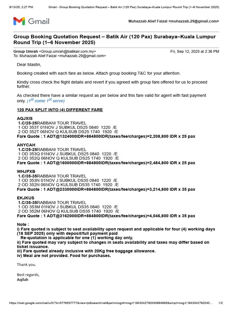New Group Booking Quotation Request - Batik Air (120 Pax) Surabaya ...