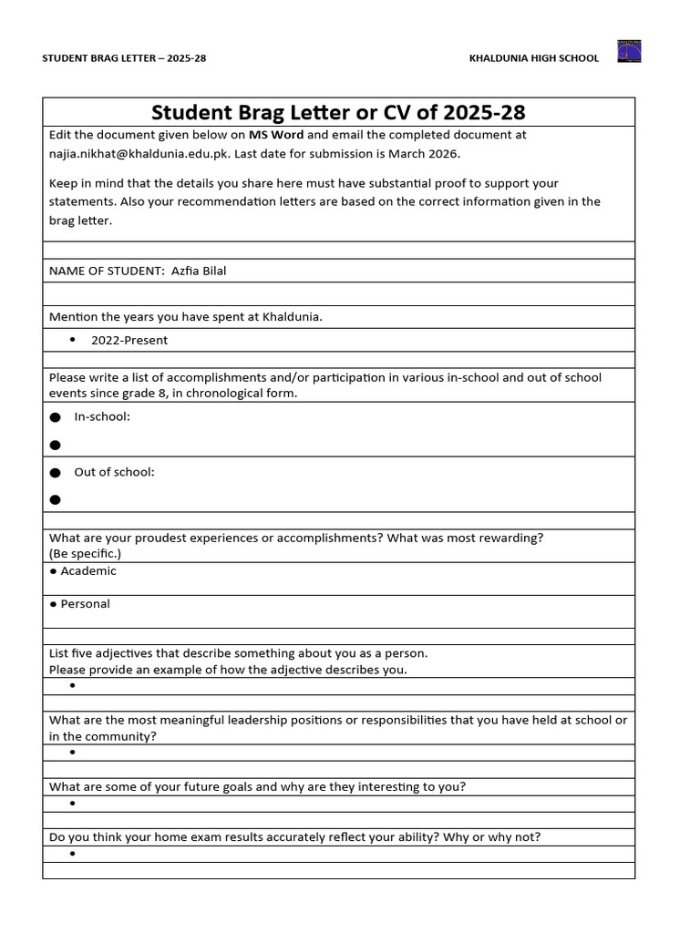 Brag Letter GR 9 | PDF