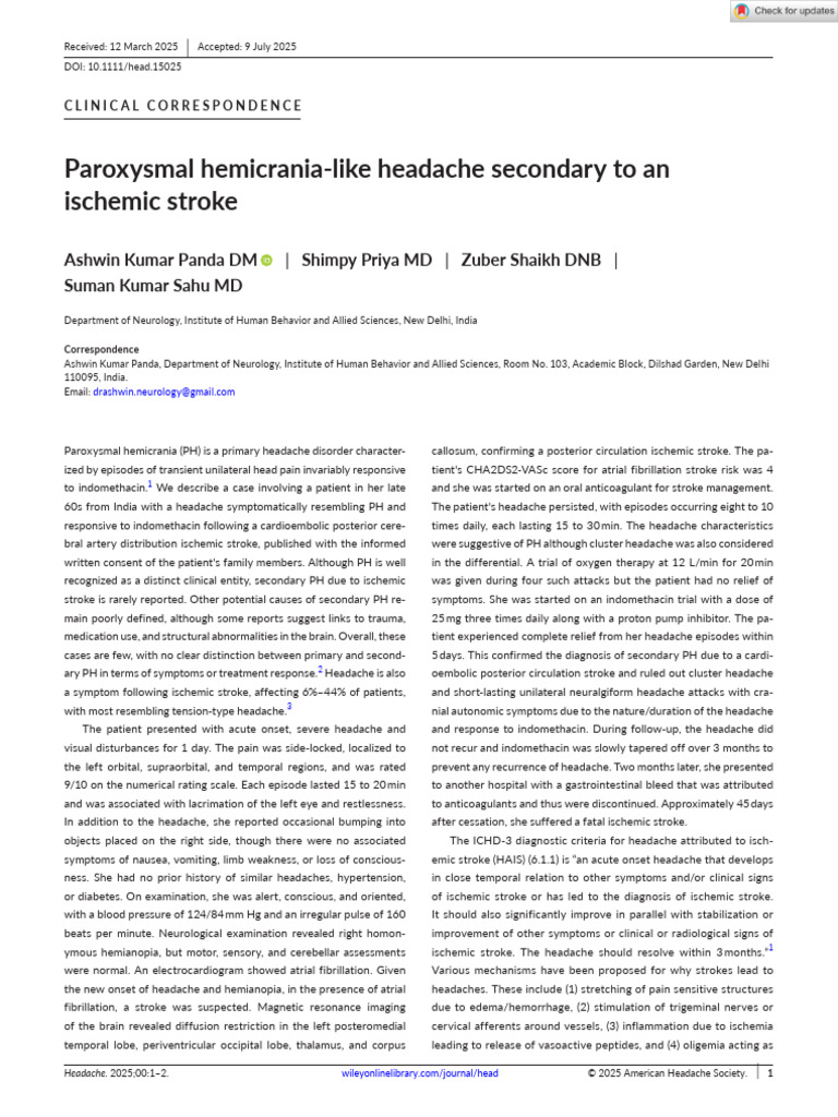 Headache - 2025 - Panda - Paroxysmal Hemicrania Like Headache Secondary To An Ischemic Stroke ...