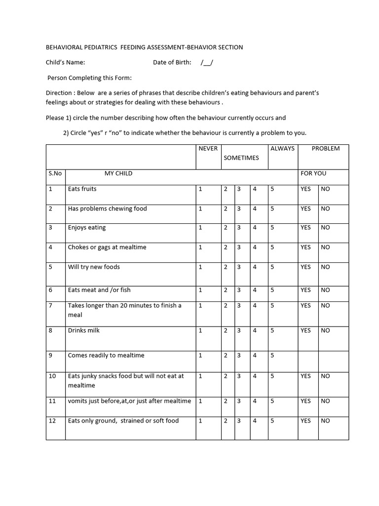 BEHAVIORAL PEDIATRICS FEEDING ASSESSMENT Final | PDF | Human ...