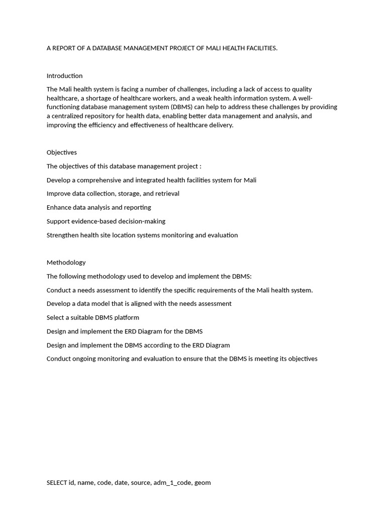 A Report of A Database Management Project of Mali Health Facilities ...