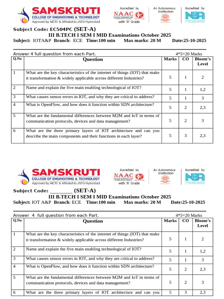 III Iot A&p (Ece) Question Paper - Set A | PDF | Internet Of Things ...