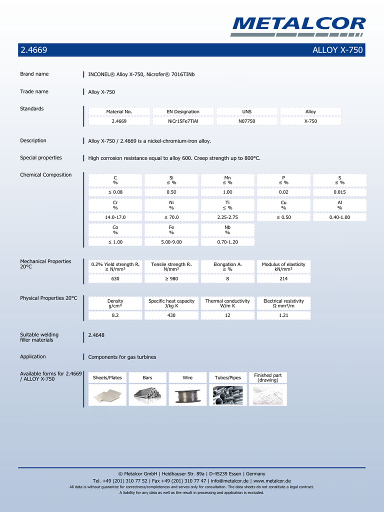 Metalcor 2.4669 Alloy X750 | PDF | Metals | Materials Science