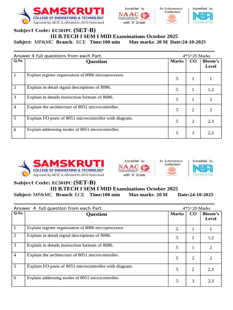 III MC (Ece) Question Paper - Set D | PDF | Microcontroller | Computing