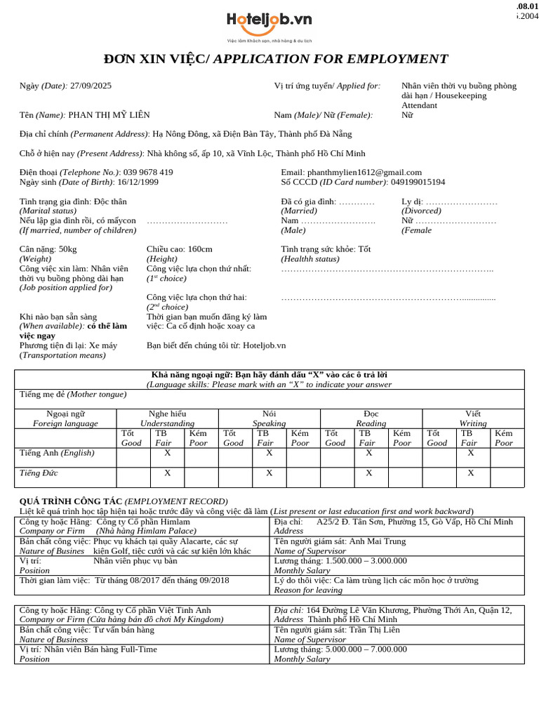 Application For Housekeeping Attendent | PDF