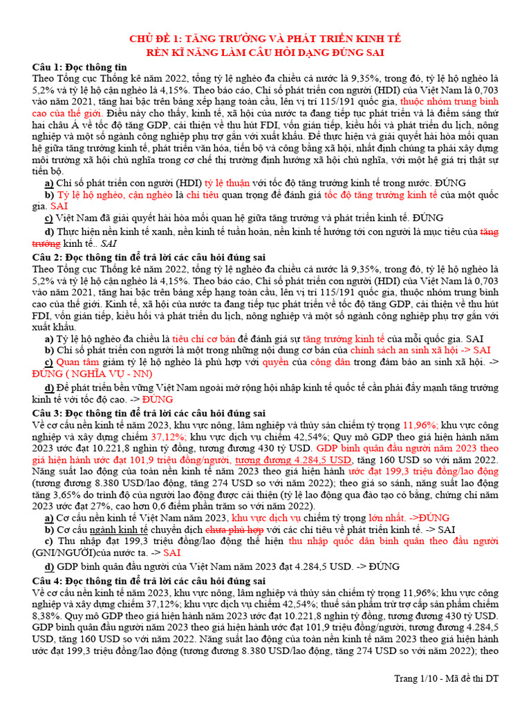Chủ Đề 1: Tăng Trưởng Và Phát Triển Kinh Tế Rèn Kĩ Năng Làm Câu Hỏi ...