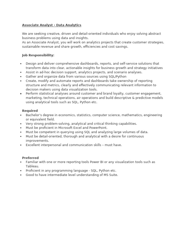 Associate Analyst - Data Analytics Role | PDF