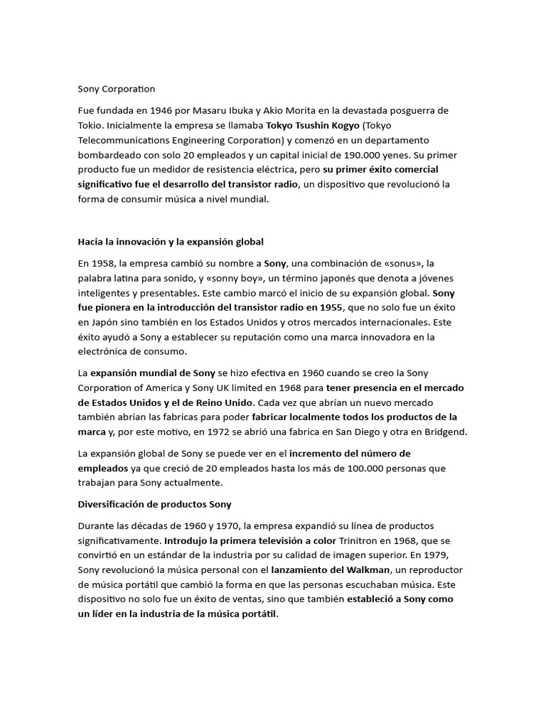 Historia y evolución de Sony Corporation | PDF