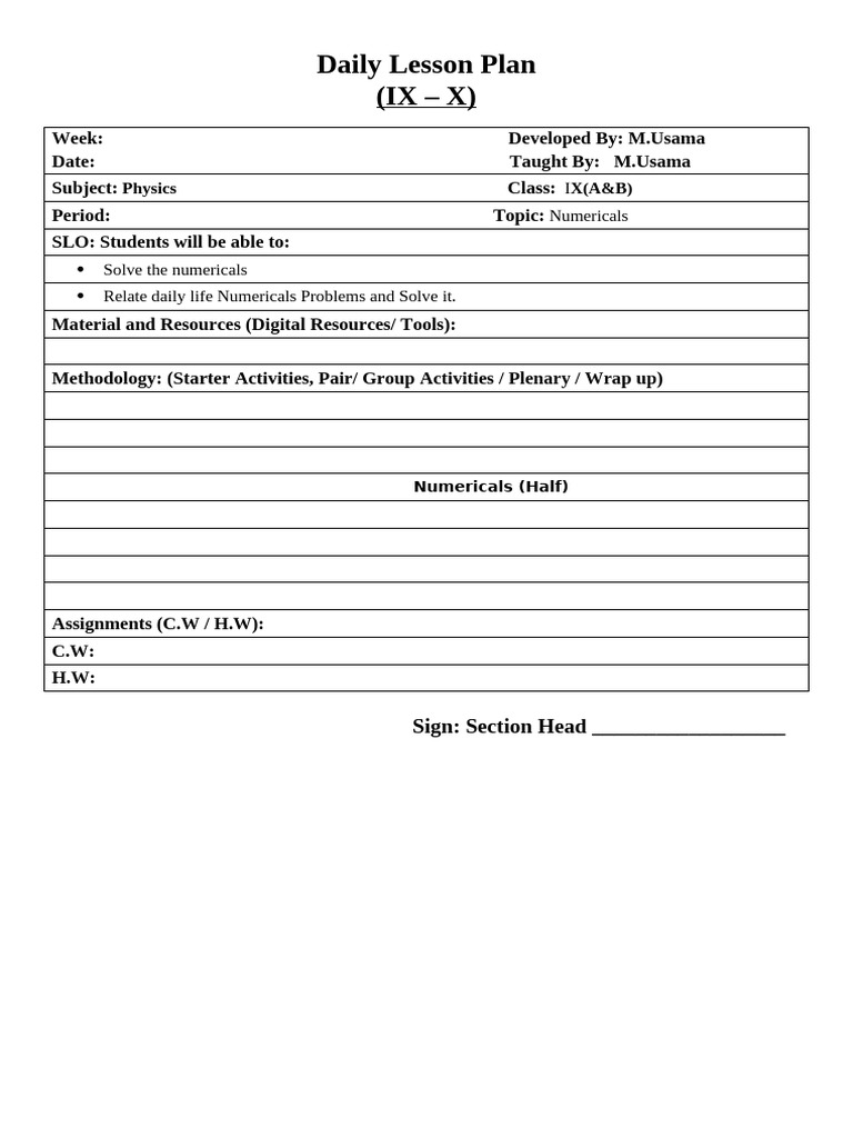 Physics Numericals Lesson Plan IX-X | PDF