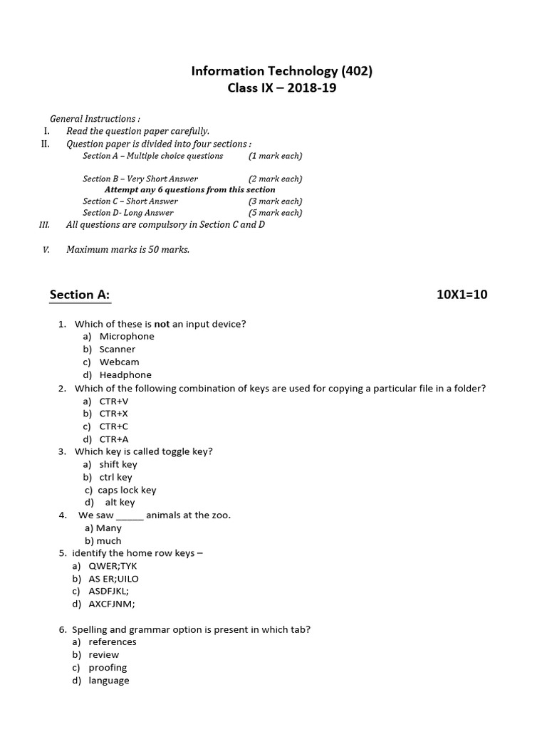 Class IX IT Exam Paper Overview | PDF | Software | Computing