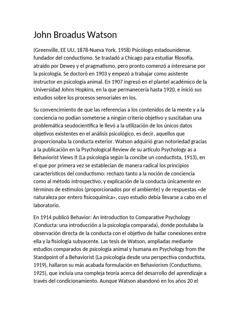 John Broadus Watson | PDF | Behaviorismo | Sicología