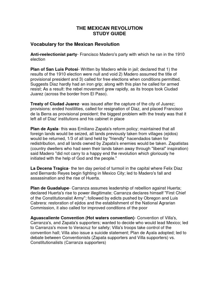 The Mexican Revolution Study Guide Vocabulary For The Mexican ...