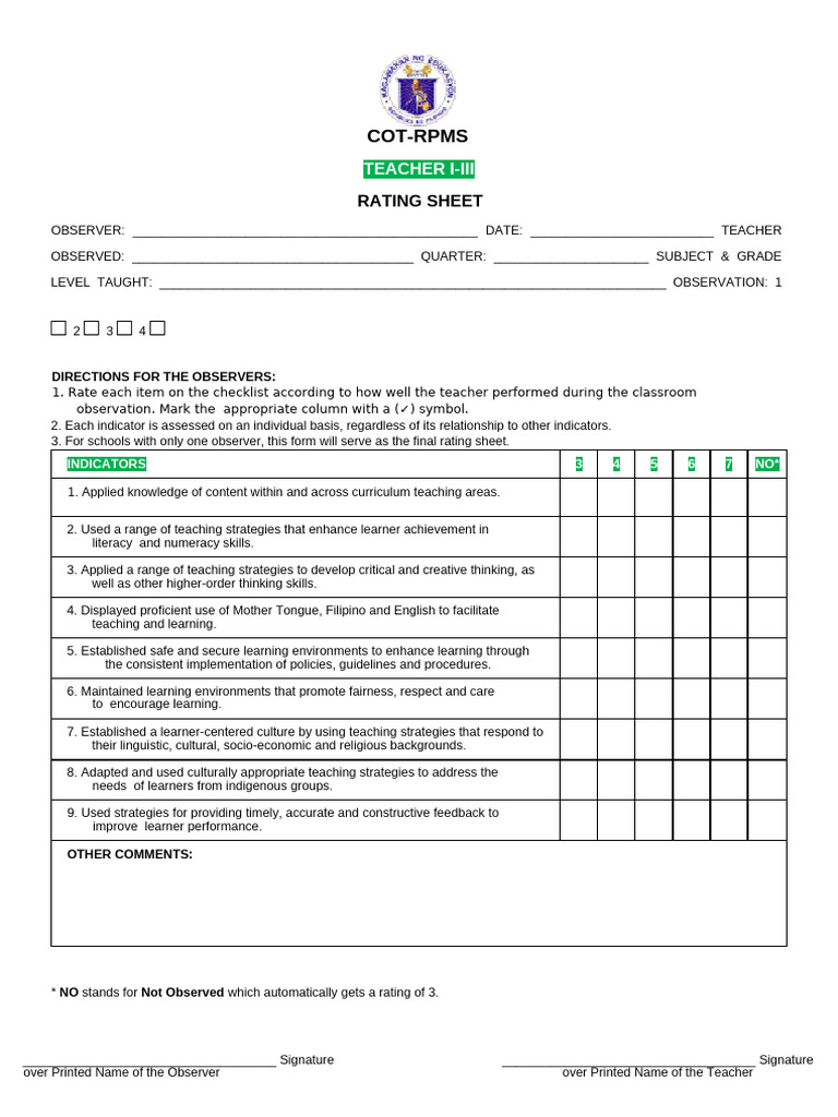 Teacher Observation Rating Sheet | PDF | Teachers | Learning