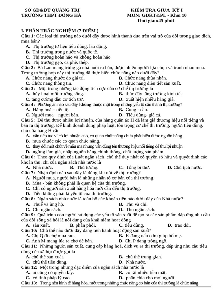 Đề Gk 1 -10 Môn Gdkt &Pl | PDF