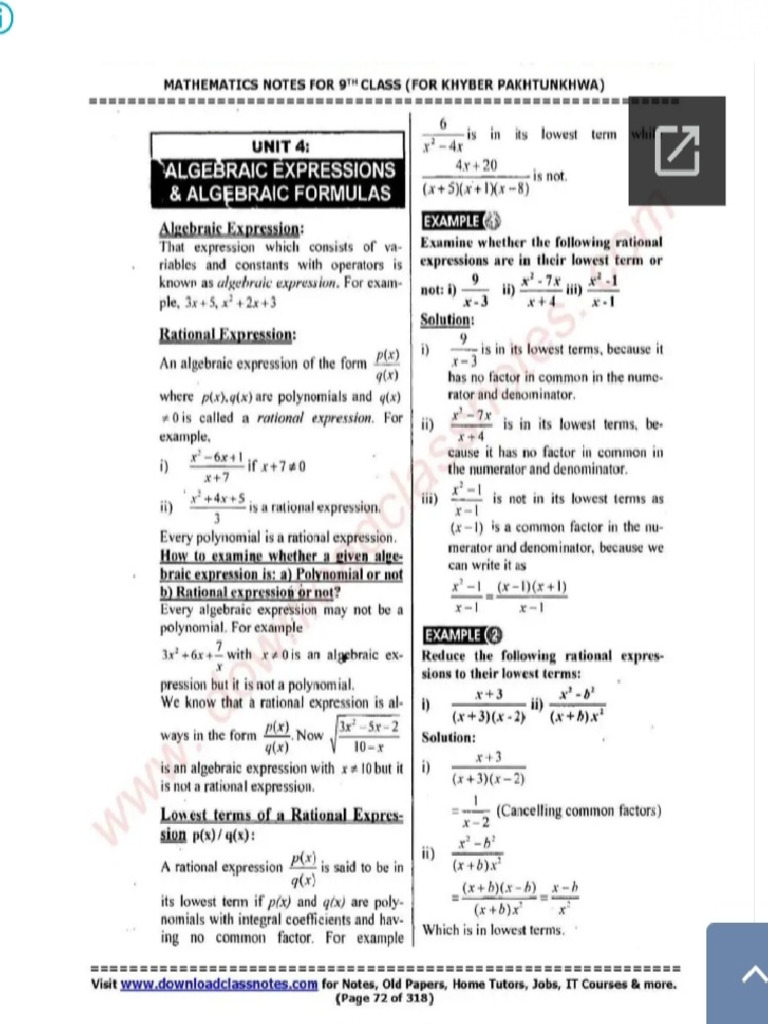 Maths Chapter 4 Algebraic Expressions | PDF