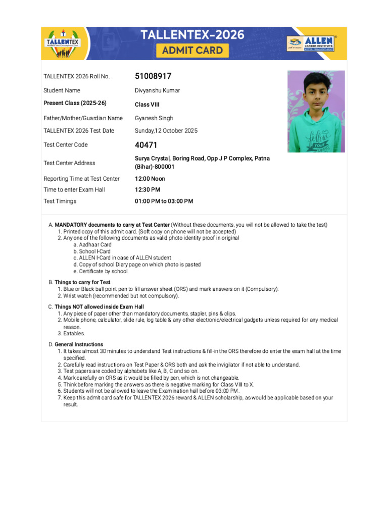 TALLENTEX 2026 Exam Details for Students | PDF