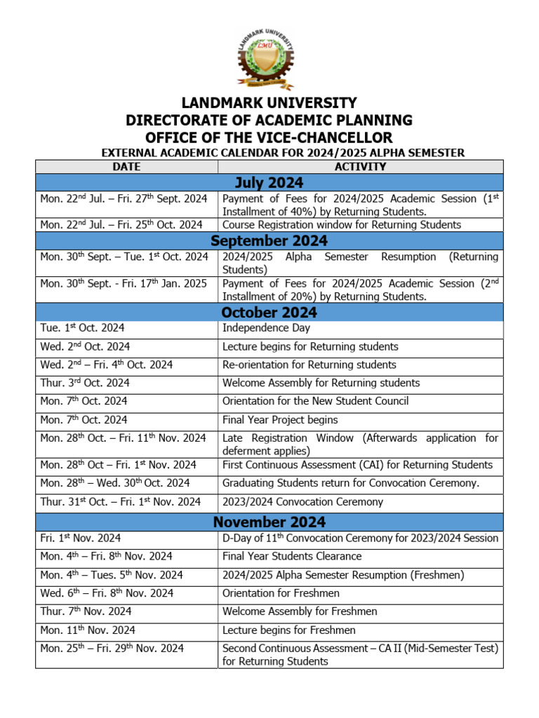 2024/2025 Alpha Semester Calendar | PDF | Military Operations