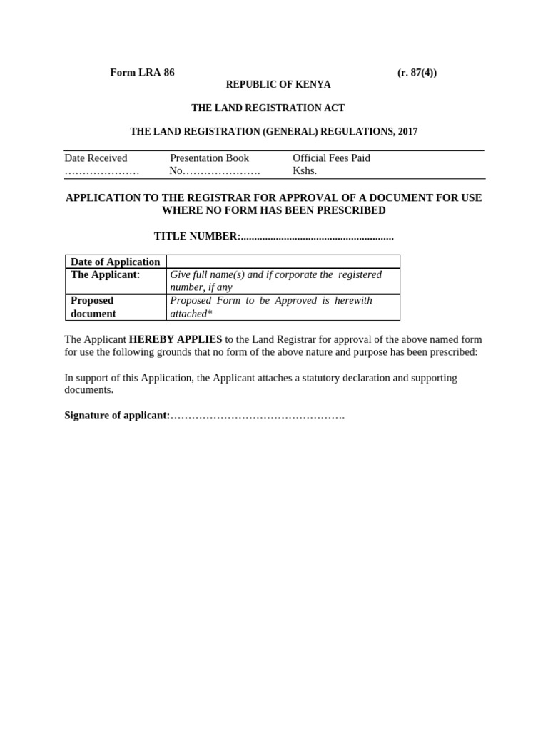 Form Lra 86 Application To The Registrar For Approval of A Document For ...