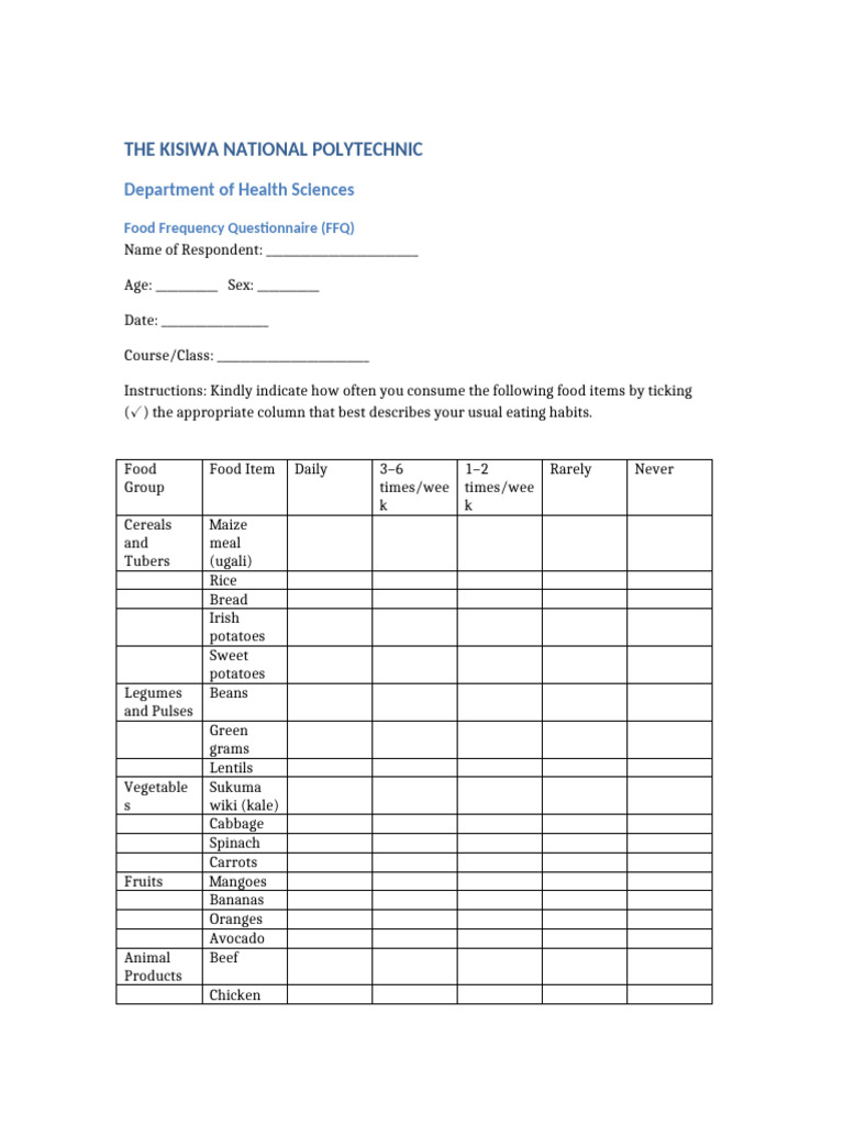 Food Frequency Questionnaire Kisiwa Polytechnic | PDF