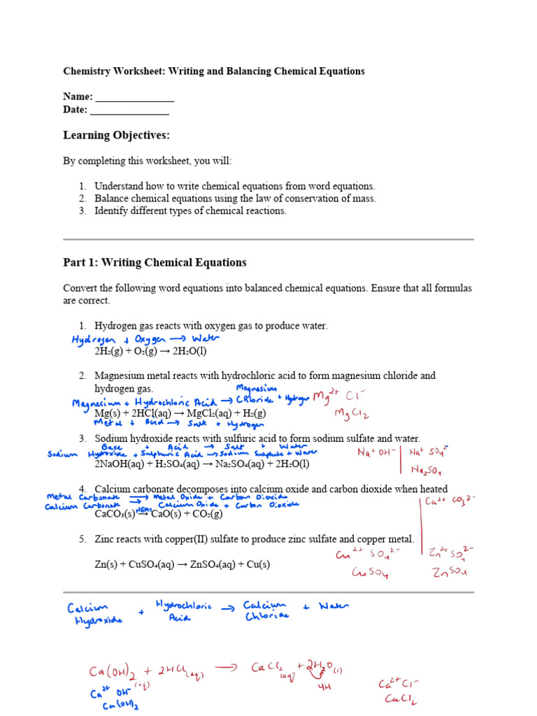 WRITING EQUATIONS Worksheet SOLUTION | PDF | Chemical Reactions ...