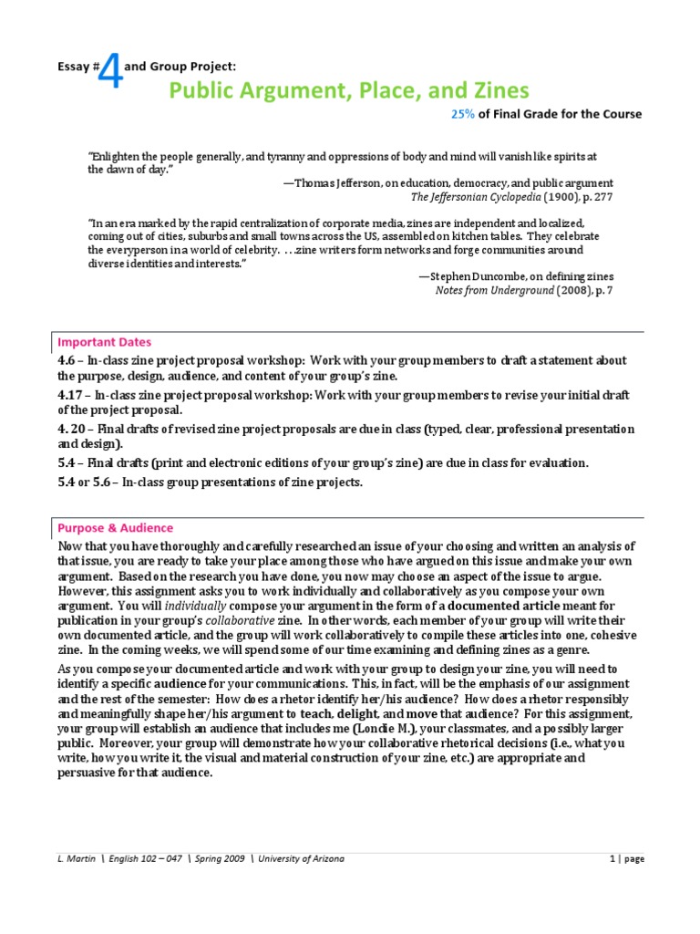 Public Argument, Place, and Zines: Essay # and Group Project | PDF ...