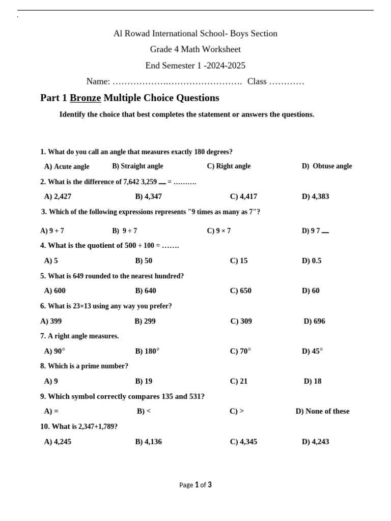 G4 Math Revision Worksheet End-Sem I 24-25 | PDF | Chess | Chess Theory