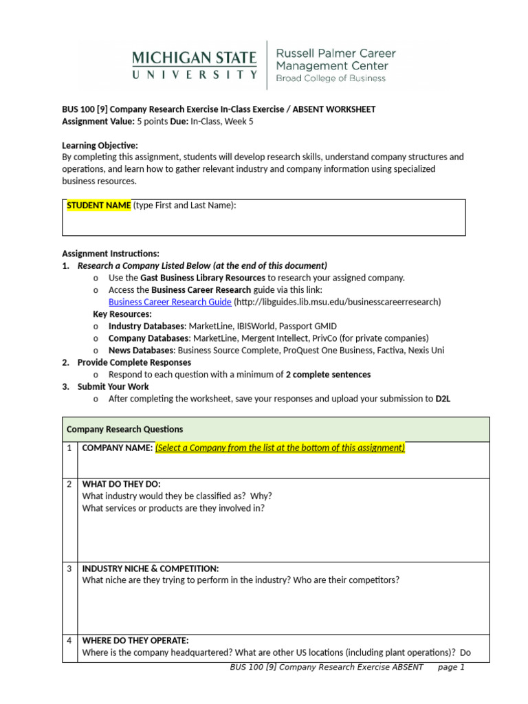 FS25 BUS 100 (9) Company Research Exercise ABSENT Worksheet | PDF