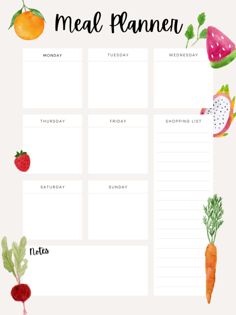 Colorful Fruits Weekly Meal Planner | PDF