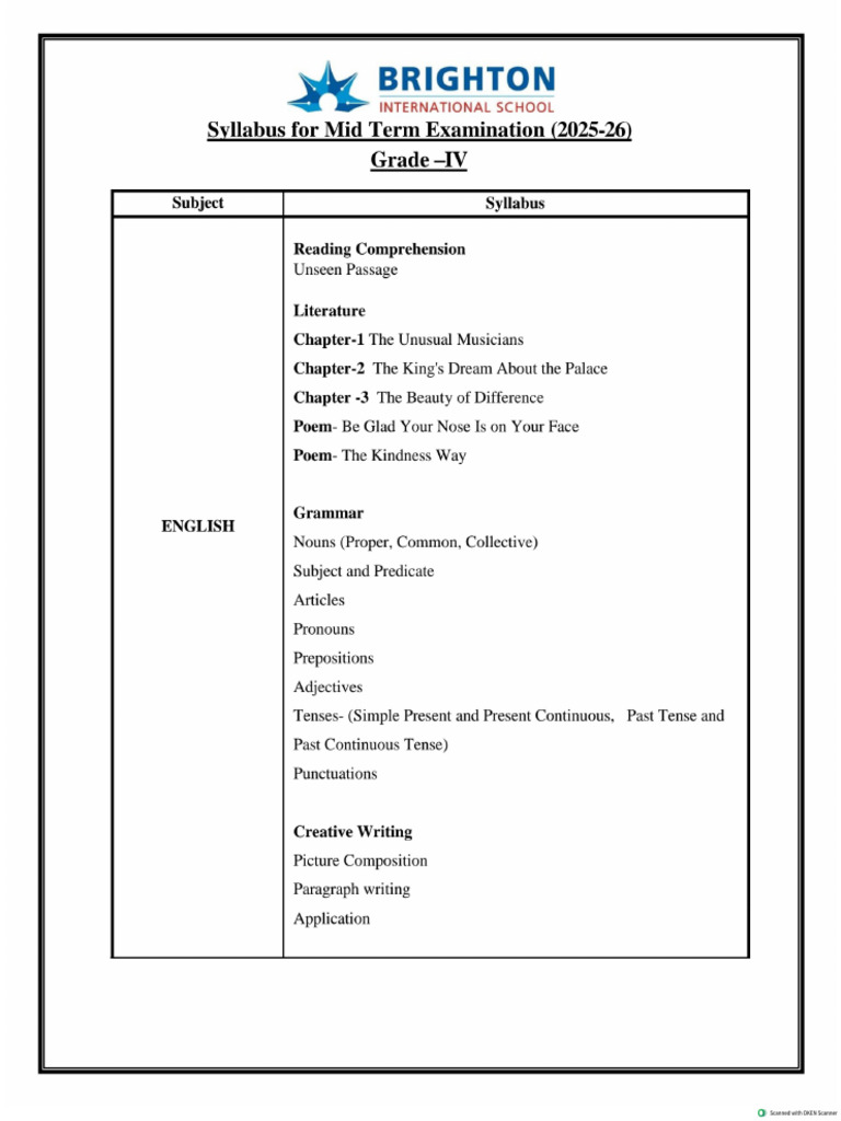 Grade IV Mid Term Syllabus | PDF
