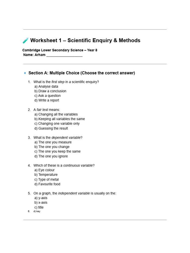 Year 8 Science Inquiry Worksheet | PDF
