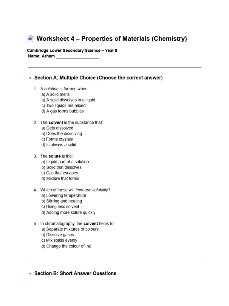 Properties of Materials Worksheet | PDF