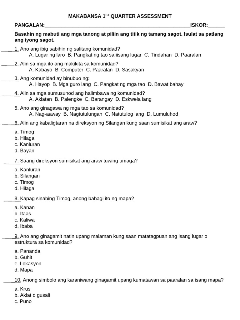 Makabansa 1st Quarter Assessment | PDF