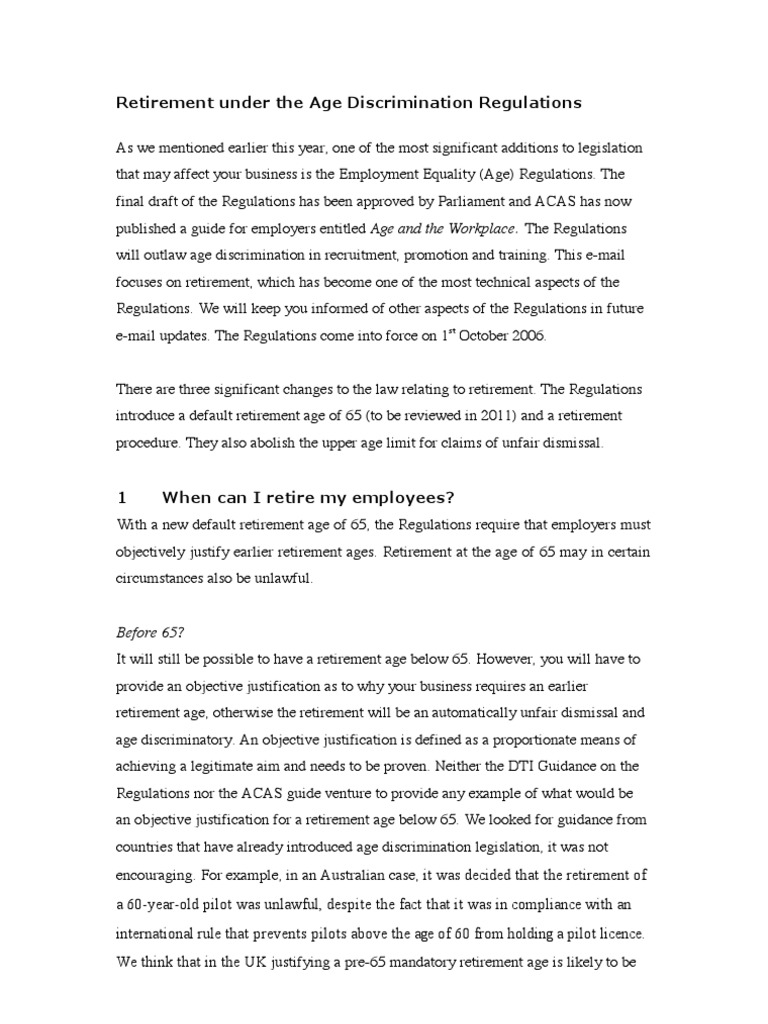 Retirement Under The Age Discrimination Regulations | PDF | Employment ...