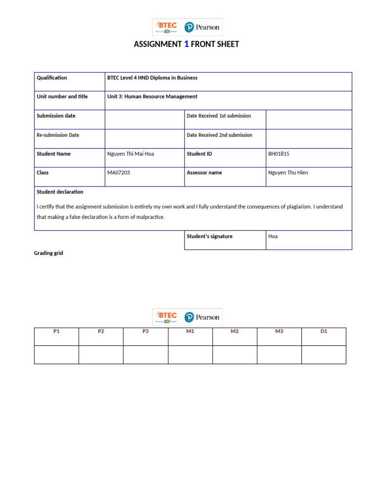 1-5035-FRONTSHEET 1-Assignment 1 cô Hiền | PDF | Recruitment | Business