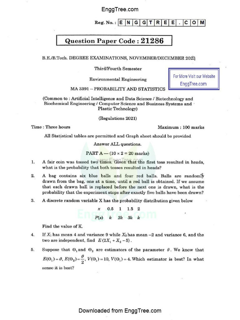 MA3391 Probability and Statistics Nov Dec 2023 Question Paper Download ...