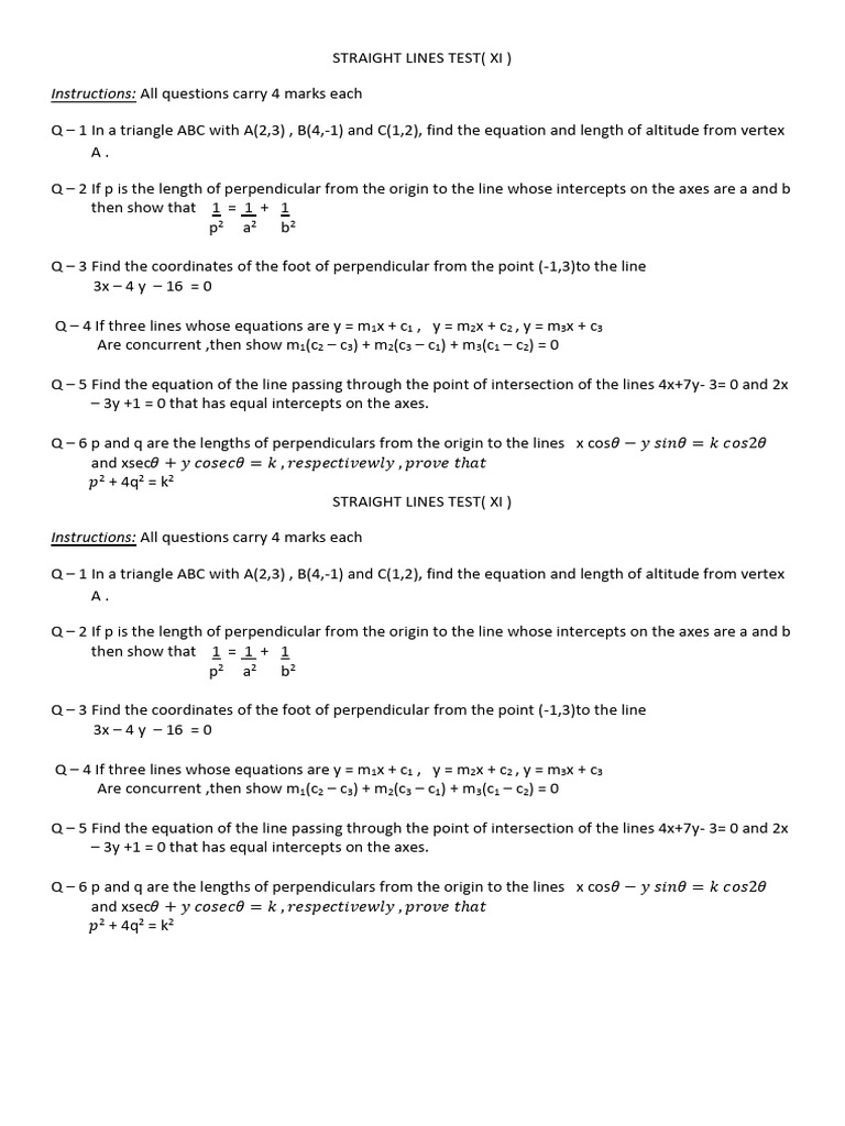 Straight Lines Test Questions XI | PDF