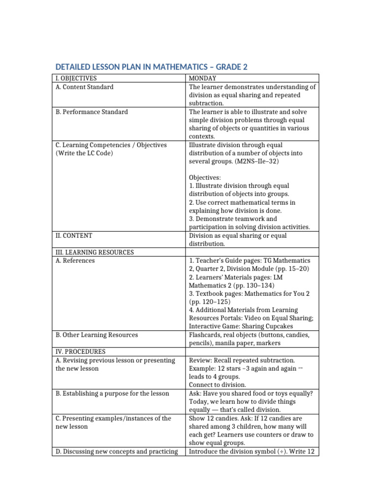 Grade 2 Division Lesson Plan | PDF | Learning | Mathematics