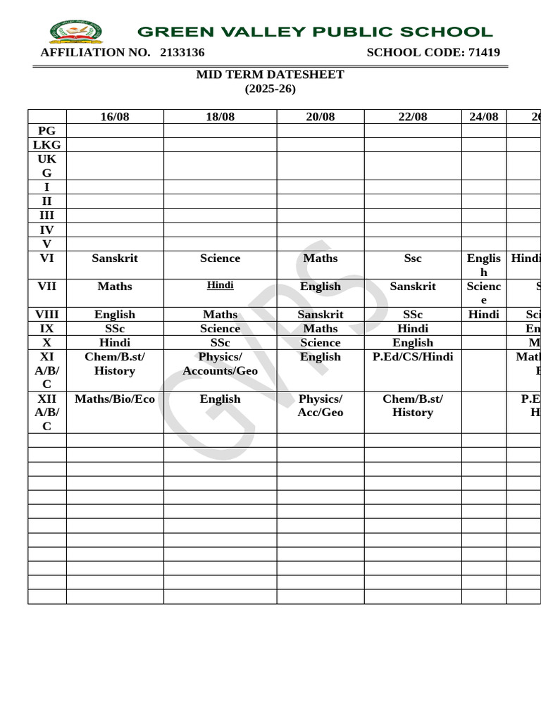 Mid Term Datesheet | PDF