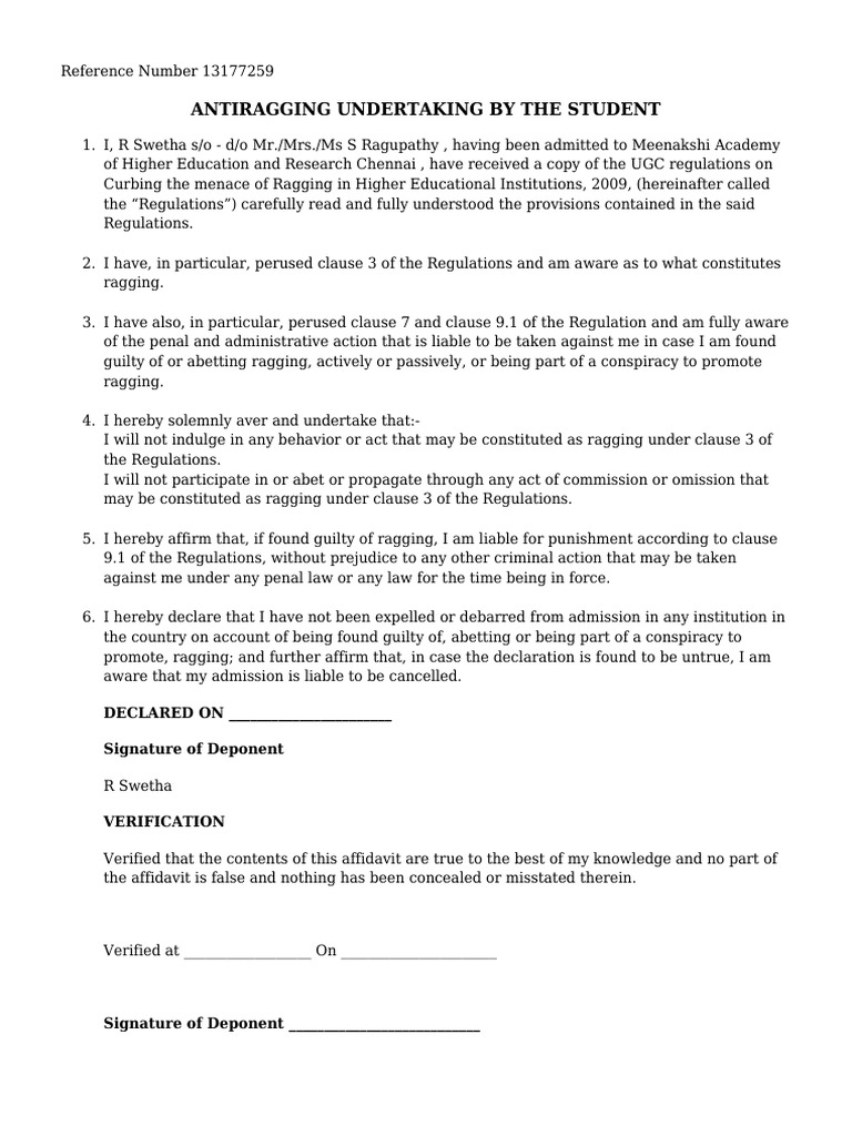 Anti Ragging Affidavit Form | PDF | Affidavit